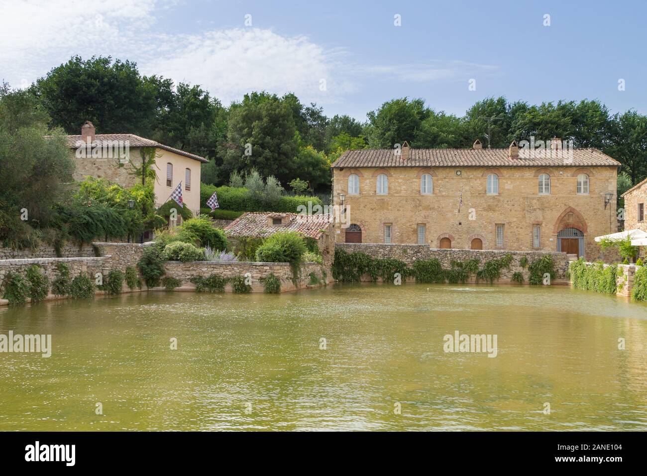 Bagno Vignoni main square view, Tuscany, Italy. Baths of St Catherine ...