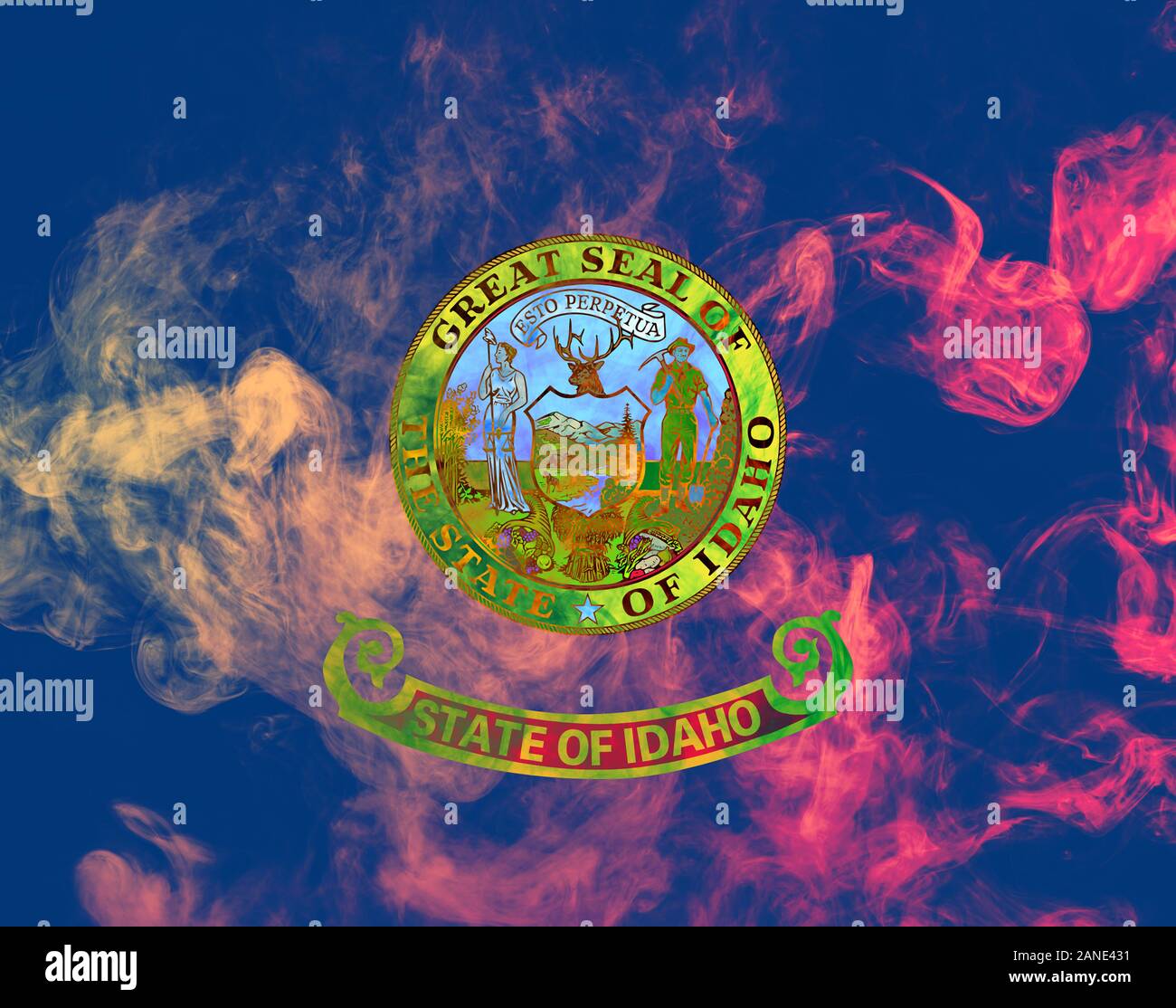 The national flag of the US state Idaho in against a gray smoke on the ...