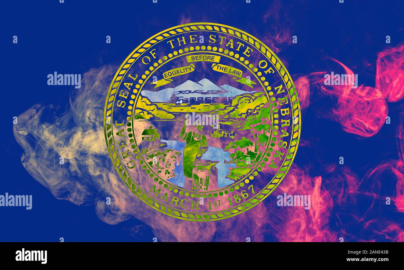 The national flag of the US state Nebraska in against a gray smoke on ...