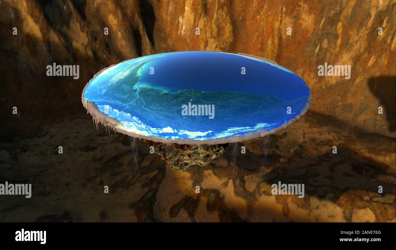 Flat earth with nature landscape, ancient belief in plane globe in form ...