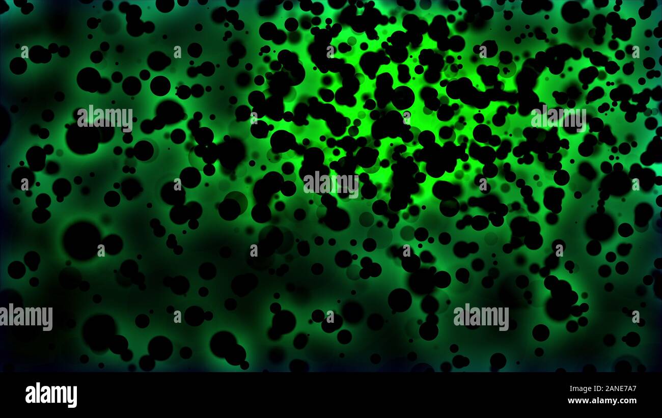 3D rendering of many dark round particles in a space. Computer ...