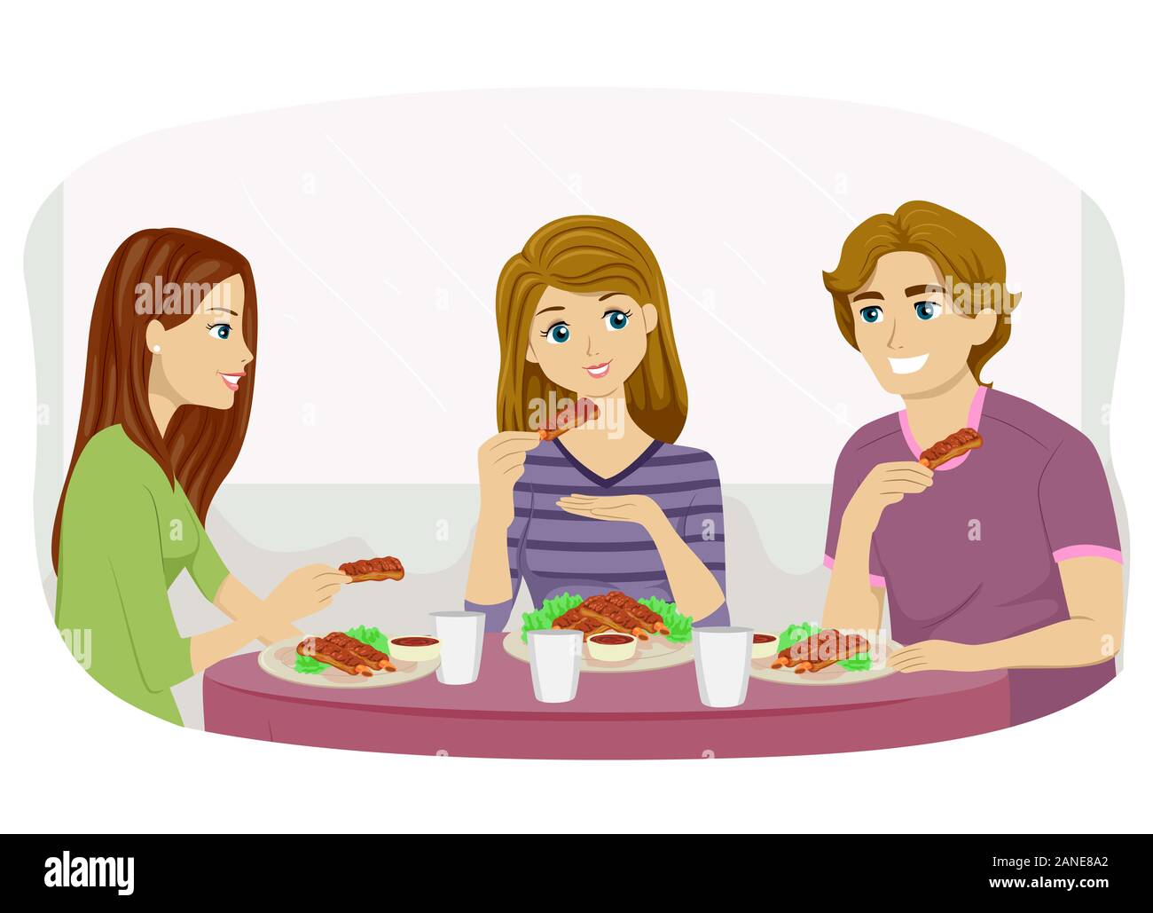 Illustration of Teenage Girls and Guy Eating Barbecue Ribs with Sauce ...