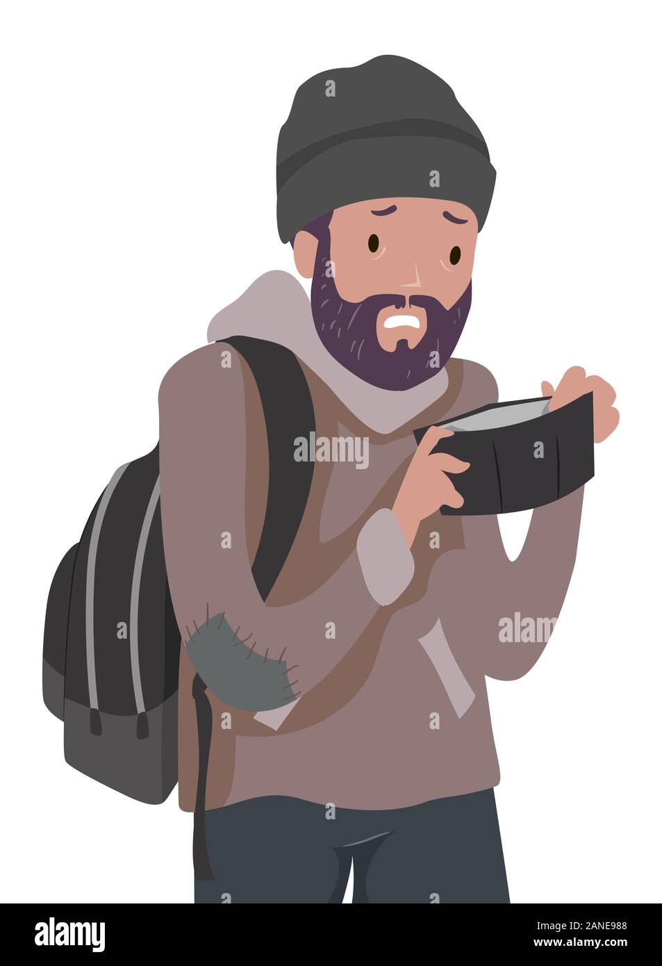 Illustration of a Homeless Man Wearing Patched Jacket, Bonnet, Carrying ...