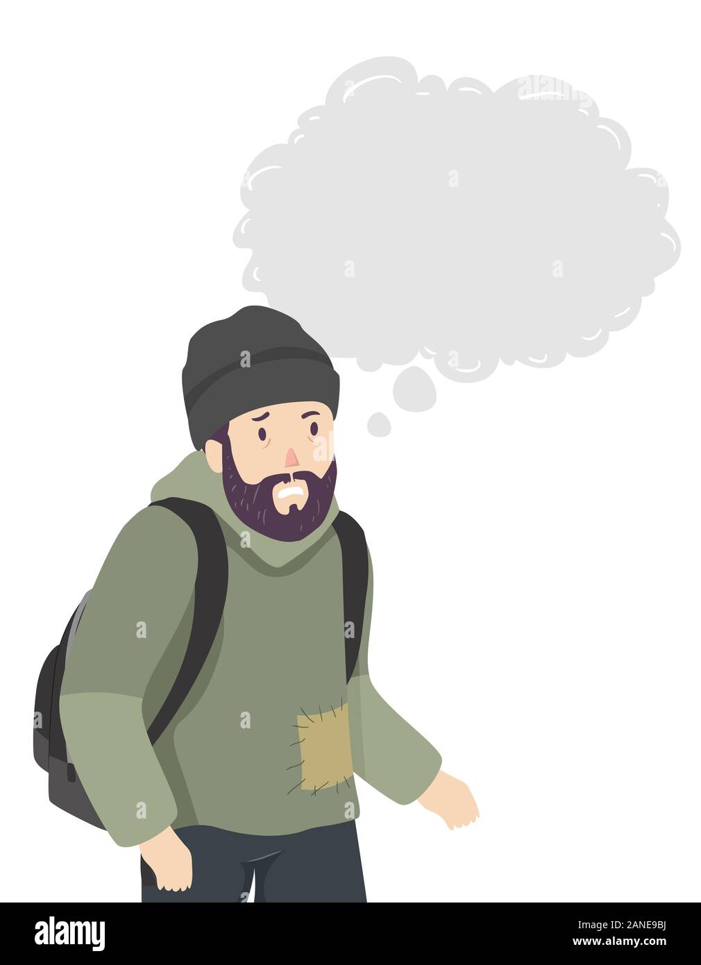 Illustration of a Homeless Man Wearing Patched Jacket, Bonnet, Carrying ...