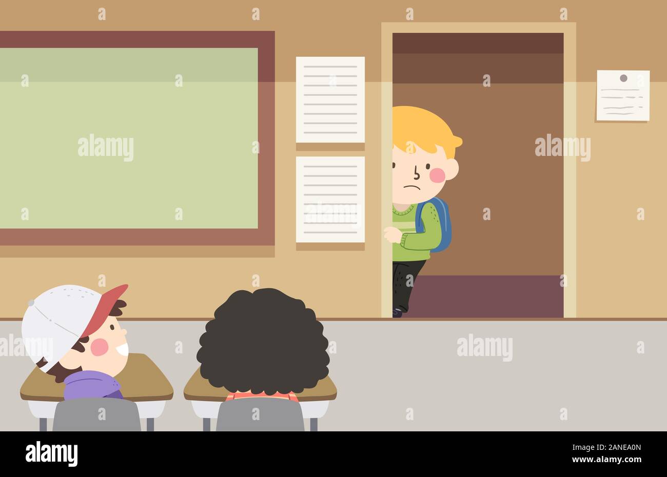 Illustration of a Kid Boy Looking Shyly by the Classroom Door and ...