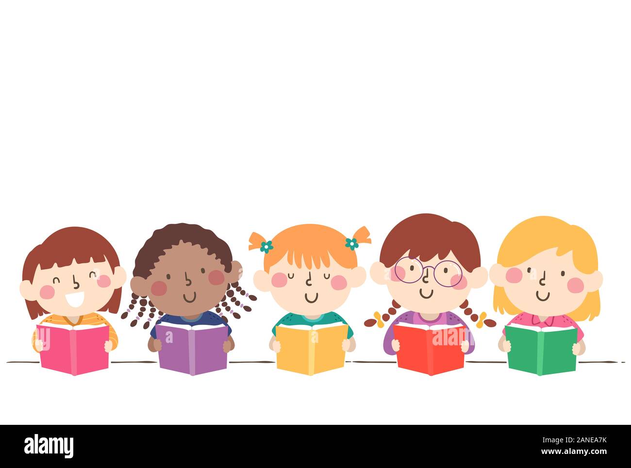 Illustration of Kids Girls Sitting in a Row Each Reading a Book Stock ...