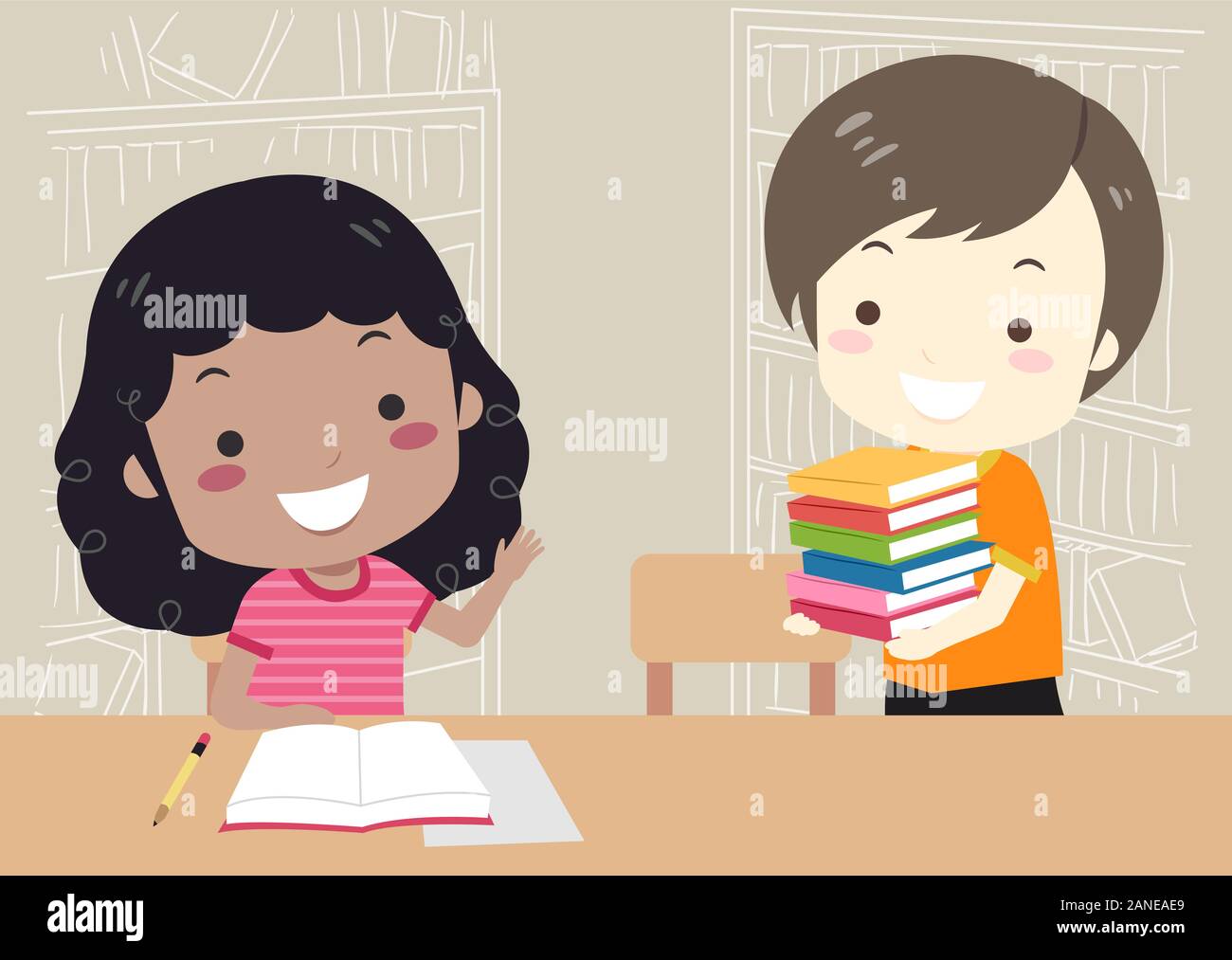 Illustration of Kids Sharing Books in the Library, Kid Girl Waving at ...