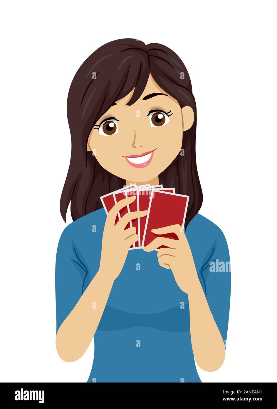 Illustration of a Teenage Girl Playing Card Game Holding Five Red Cards ...