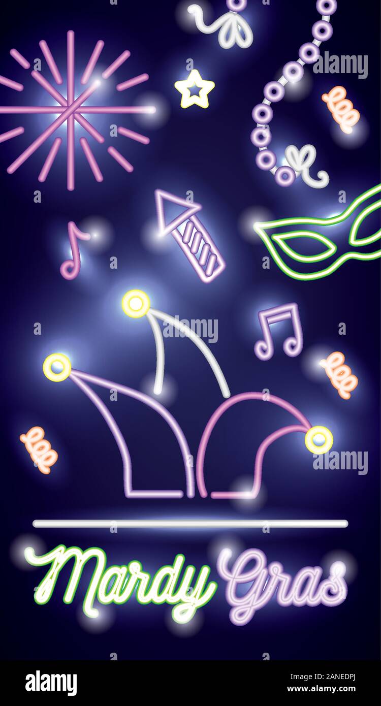 mardi grass label with neon lights accessories Stock Vector Image & Art ...