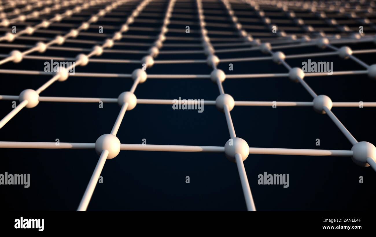 Crystal lattice with atoms in the nodes. 3d rendering of atom surface ...