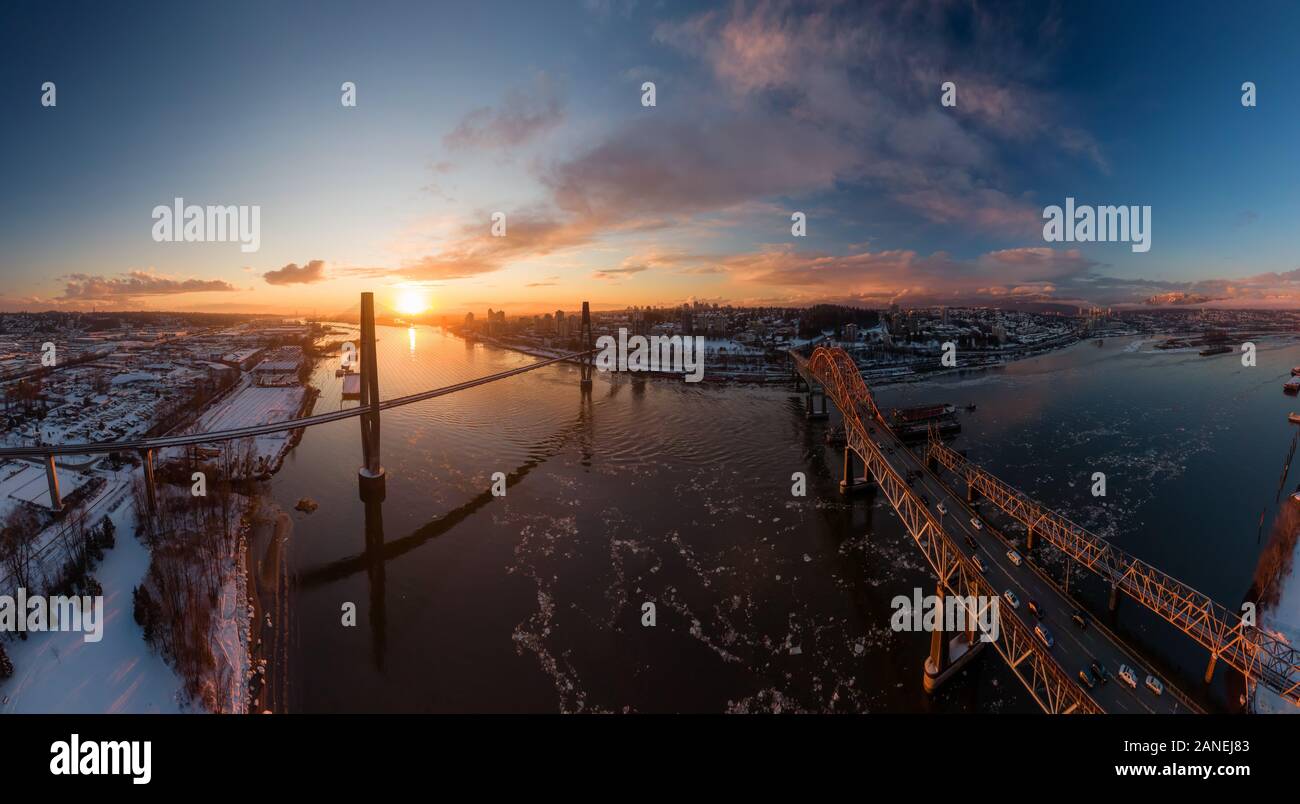 Aerial panoramic view of Pattullo Bridge and Skytrain Bridge Stock ...