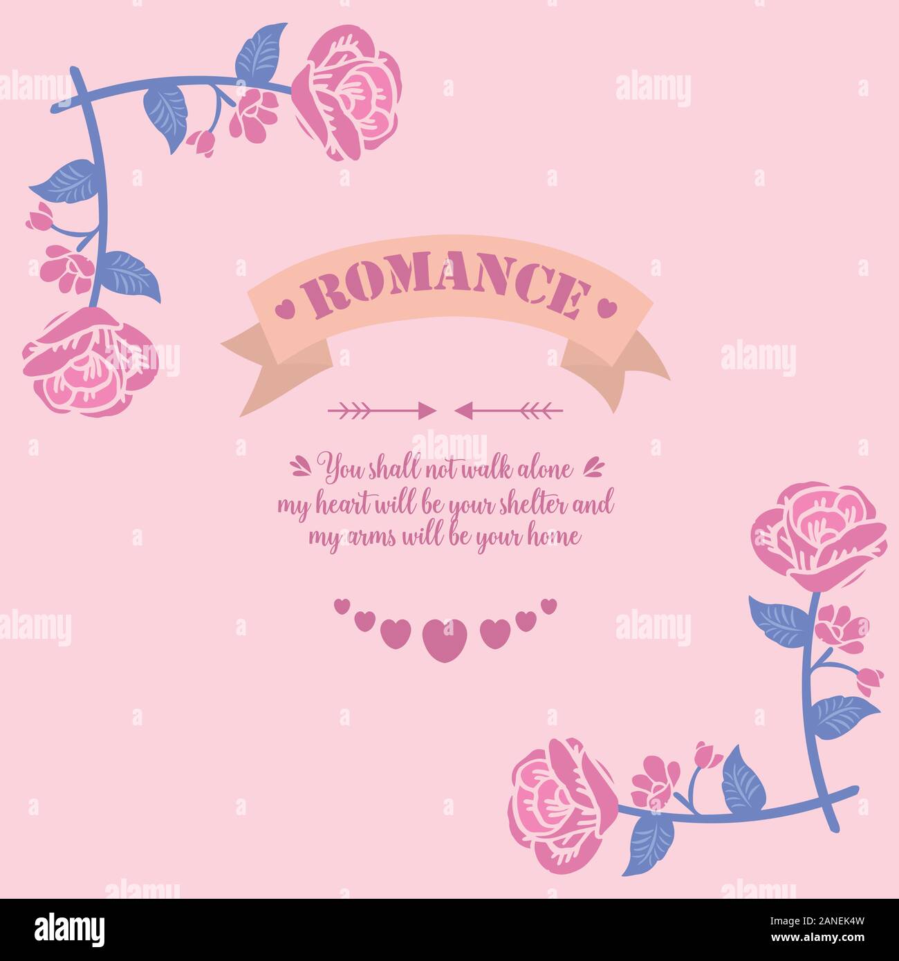 Romance greeting card template design, with elegant leaf and pink rose ...