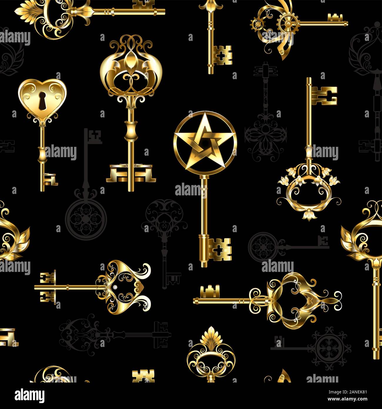 Seamless pattern of antique, gold and silhouette keys on black ...