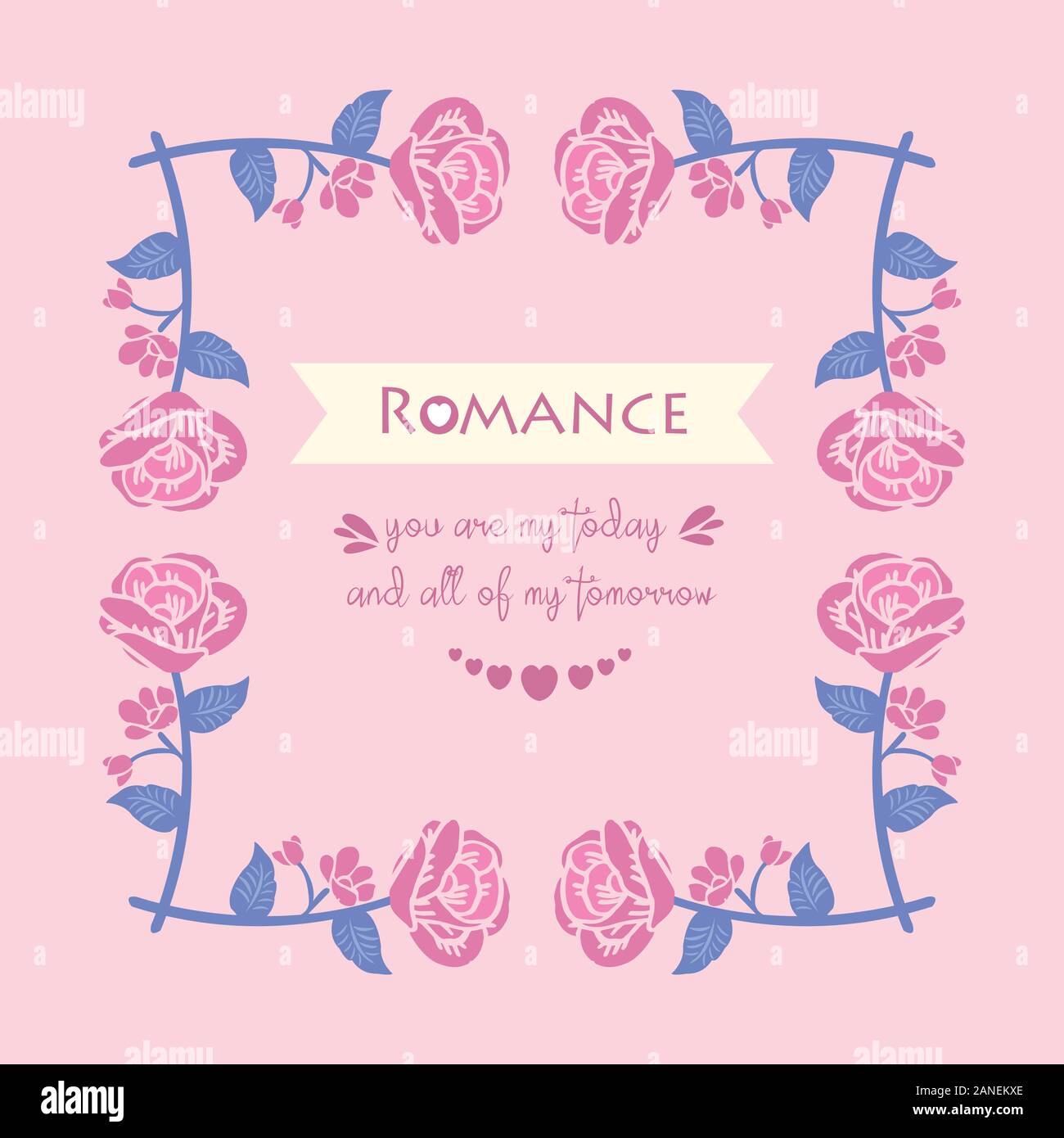 Romance greeting card template design, with elegant leaf and pink rose ...