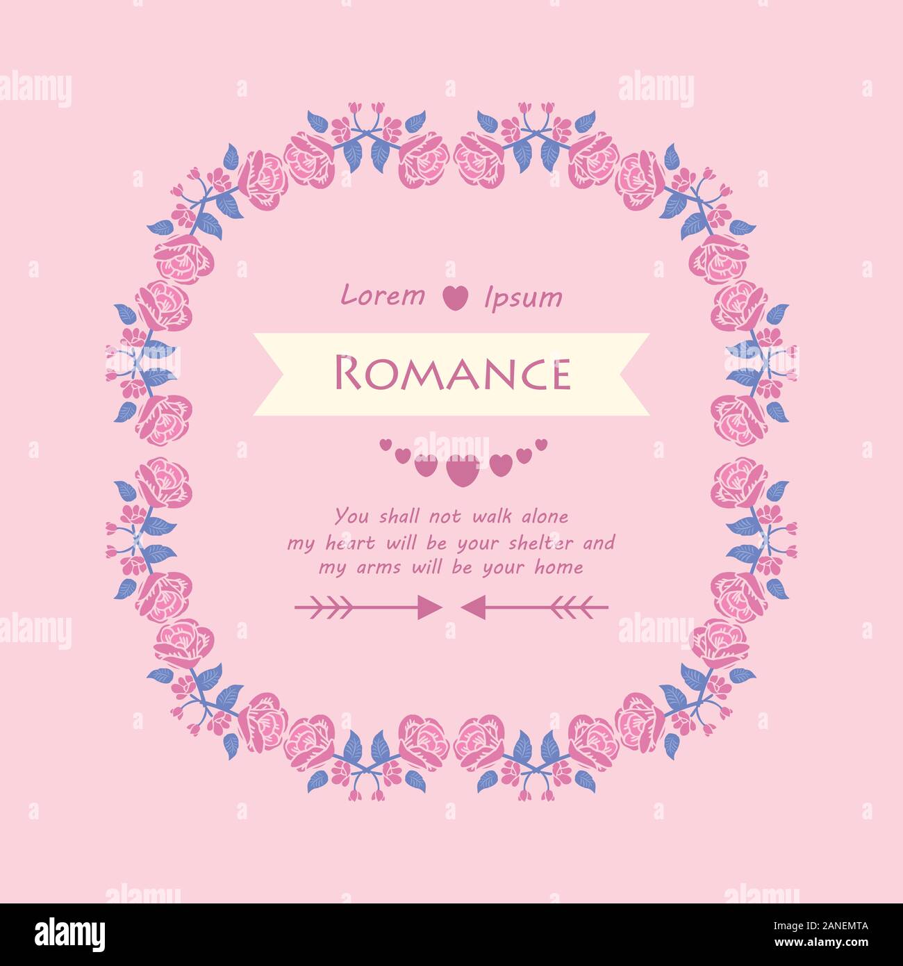 Romance greeting card template design, with elegant leaf and pink rose ...