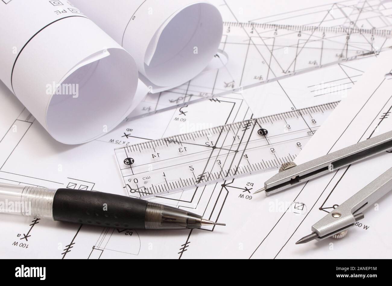 Rolled electrical diagrams and accessories for drawing lying on ...