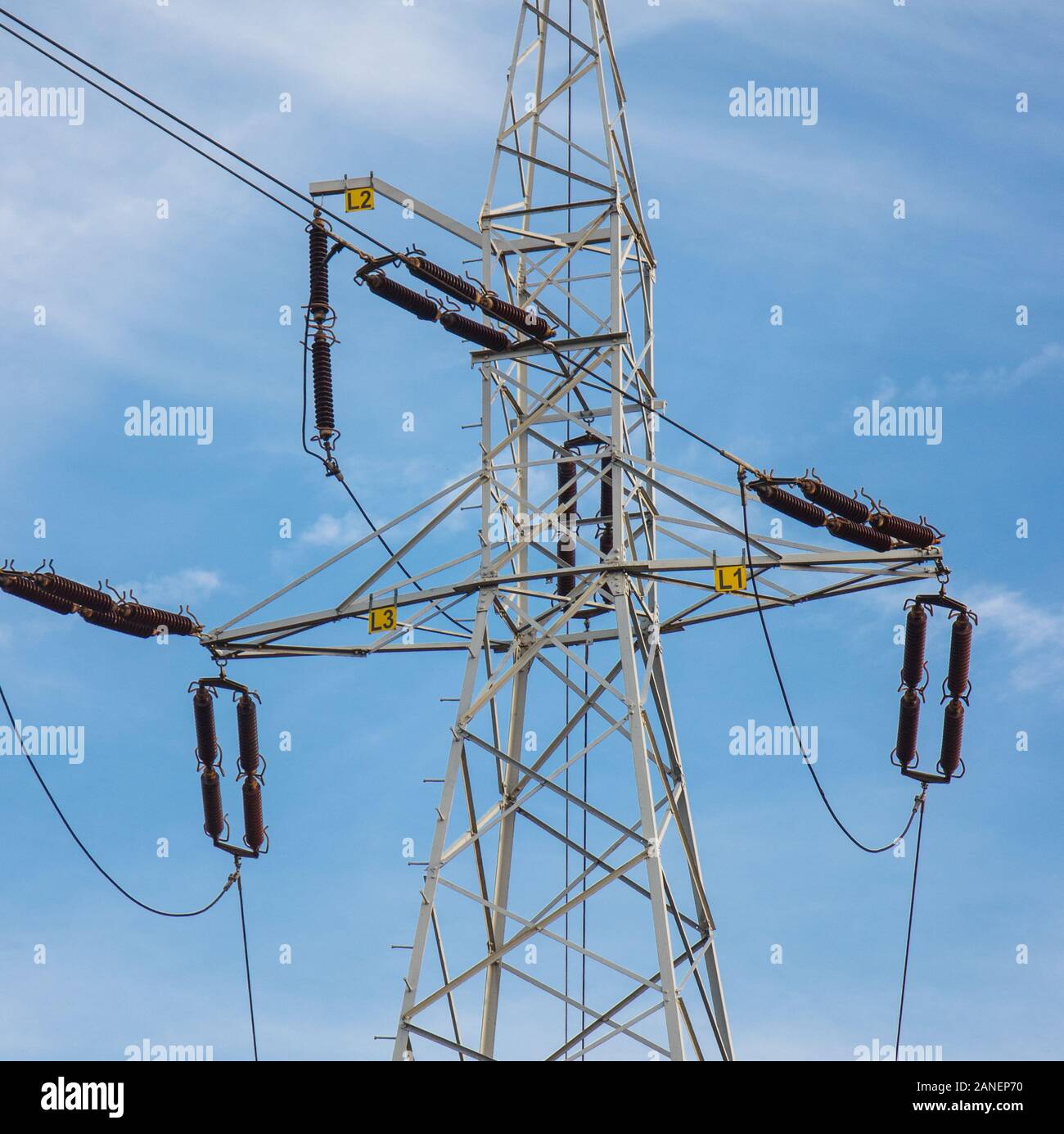 High voltage electric pole with wires. Line of electricity ...
