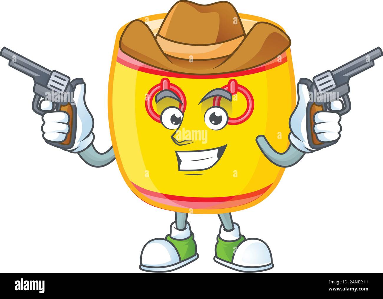 Confident chinese gold drum Cowboy cartoon character holding guns Stock ...