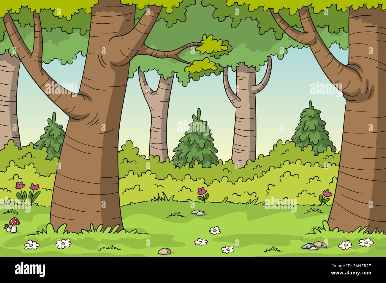 Cartoon forest landscape with flowers. Hand drawn vector illustration ...