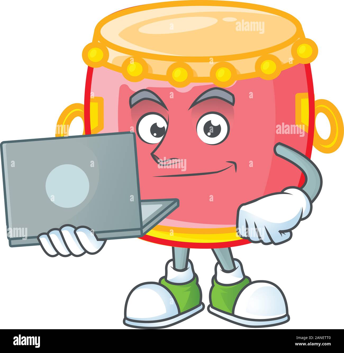 A clever chinese red drum mascot character working with laptop Stock ...