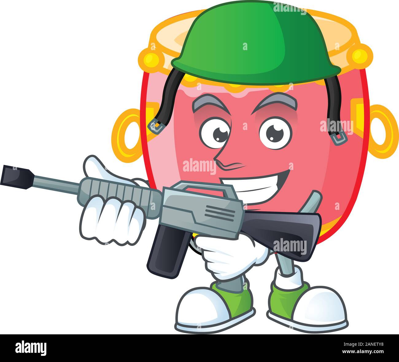 Chinese red drum carton character in an Army uniform with machine gun ...