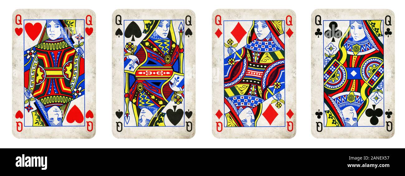 Four Queens Vintage Playing Cards - isolated on white Stock Photo - Alamy