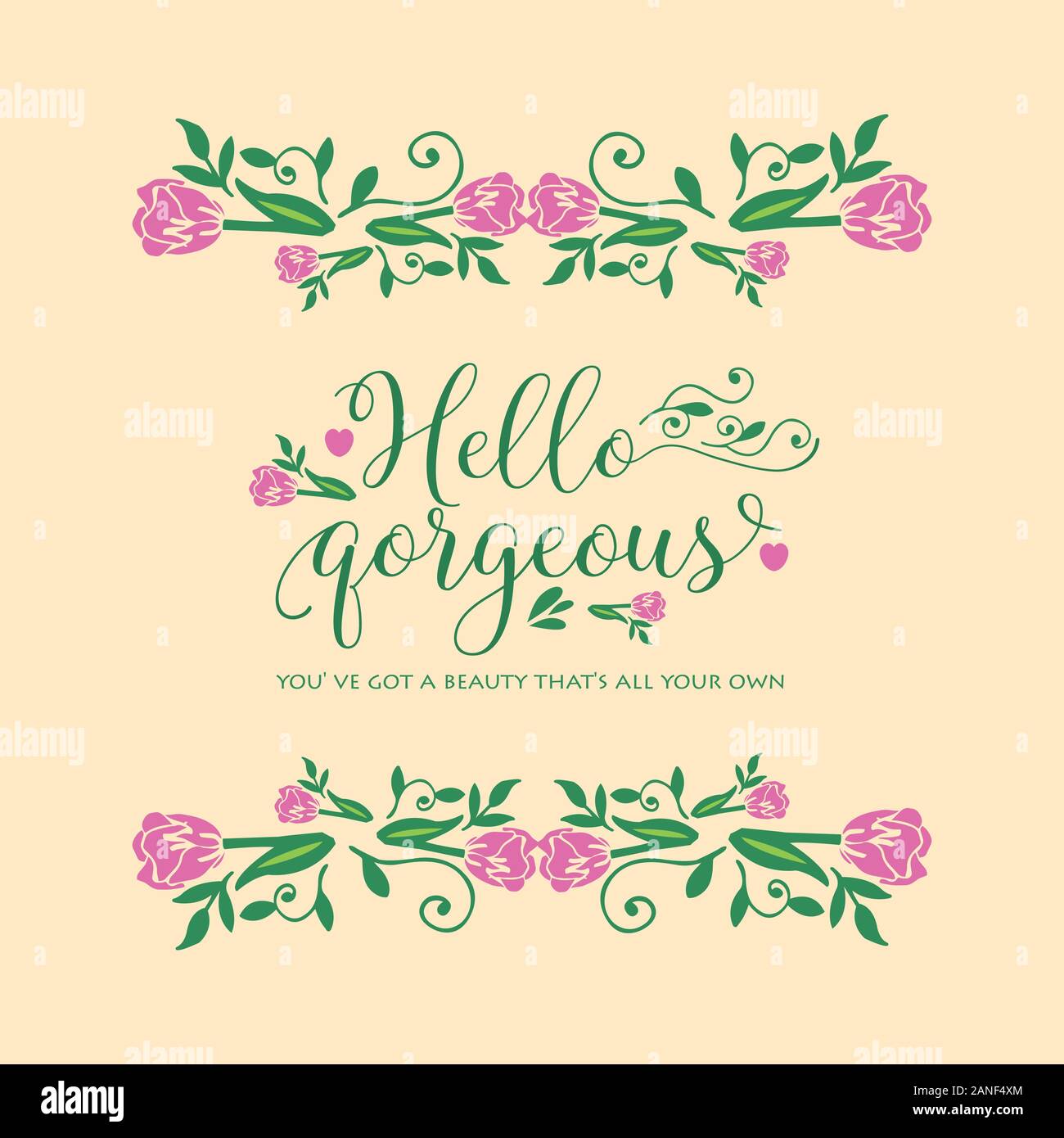 The hello gorgeous card design, with seamless pattern of leaf and ...