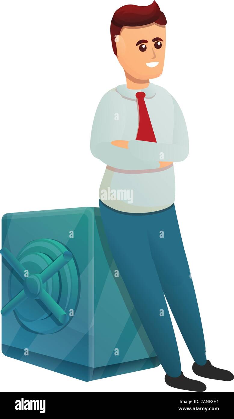 Happy man on money safe icon. Cartoon of happy man on money safe vector ...