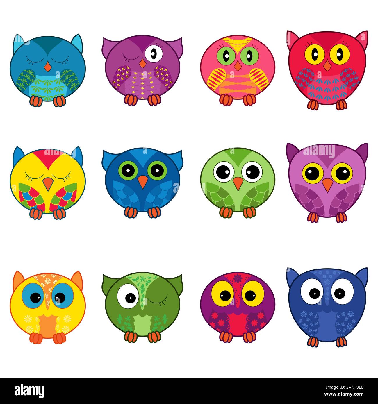 Set of twelve funny cartoon owls placed in oval forms with various ...