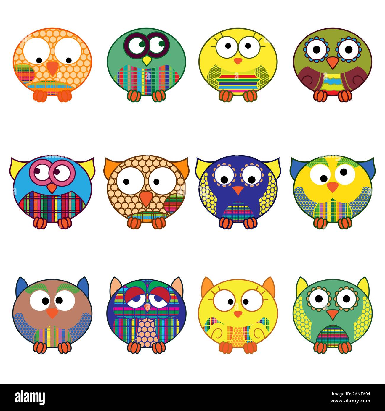 Set of twelve cute cartoon oval owls in various pattern isolated on the ...