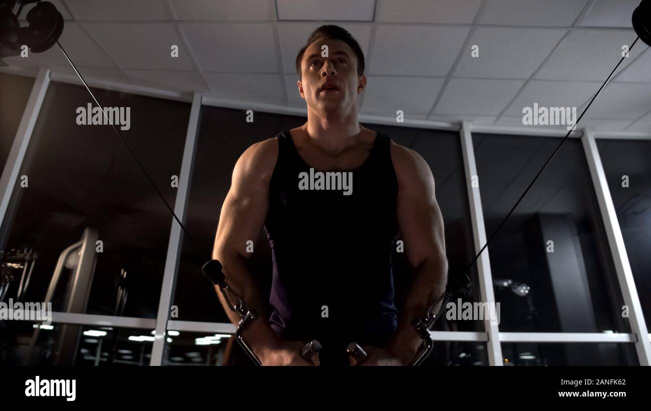 Bodybuilder training chest muscles, doing cable fly exercise, achieving ...