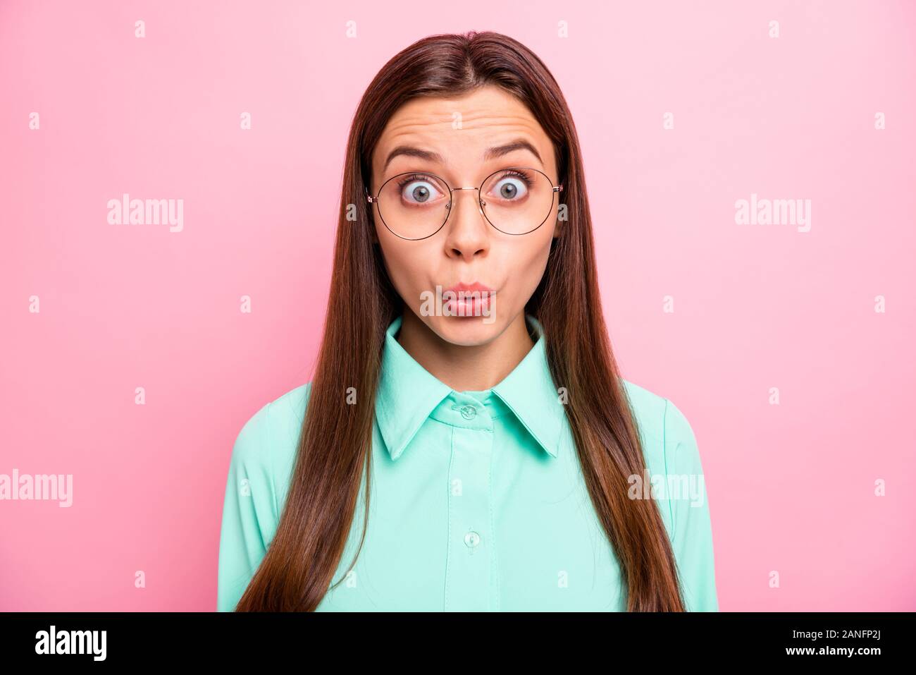 Closeup photo of charming lady looking wondered not believe eyes ...