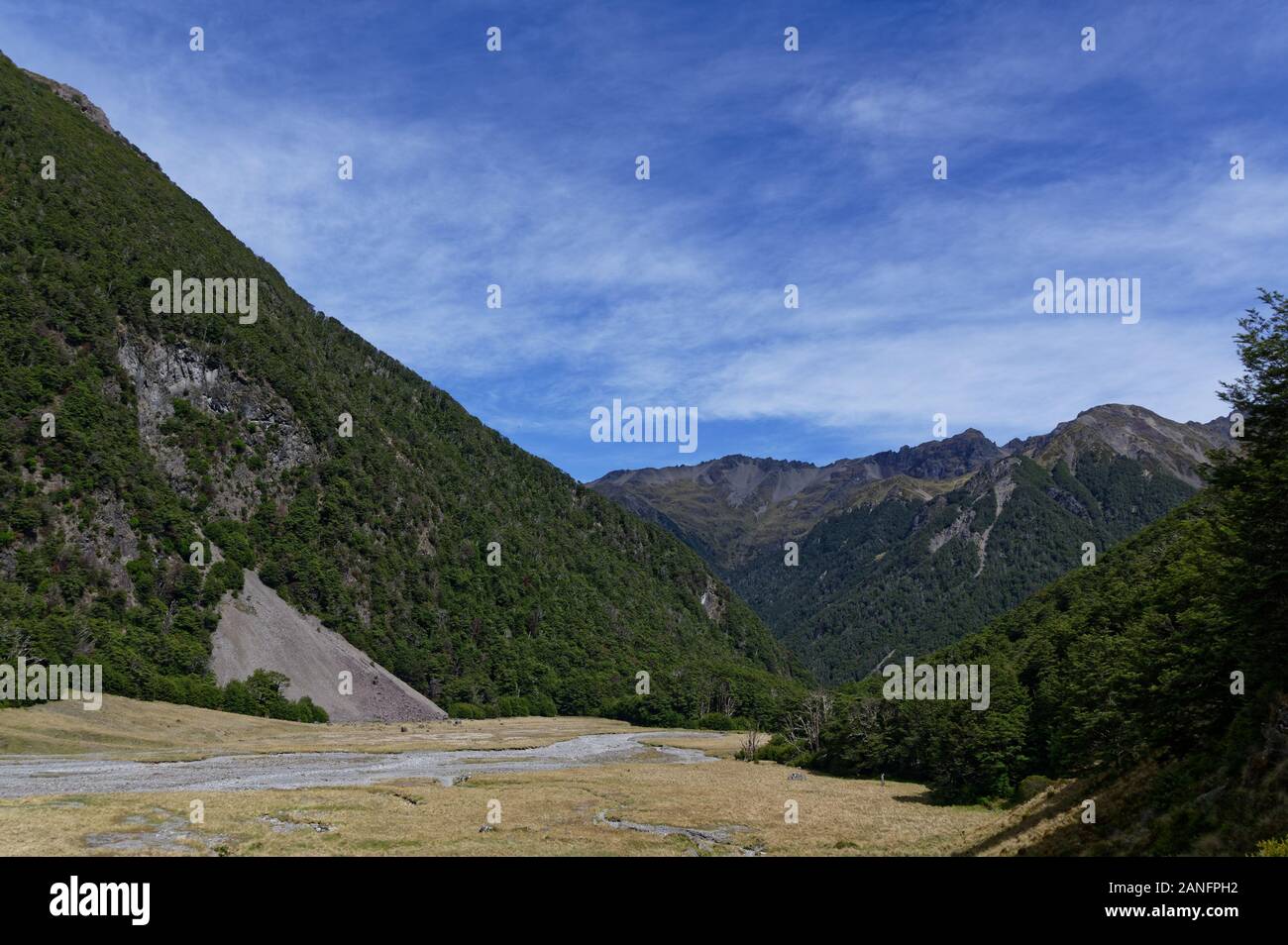Bush clad mountains and open valleys are topped by blue sky in New ...