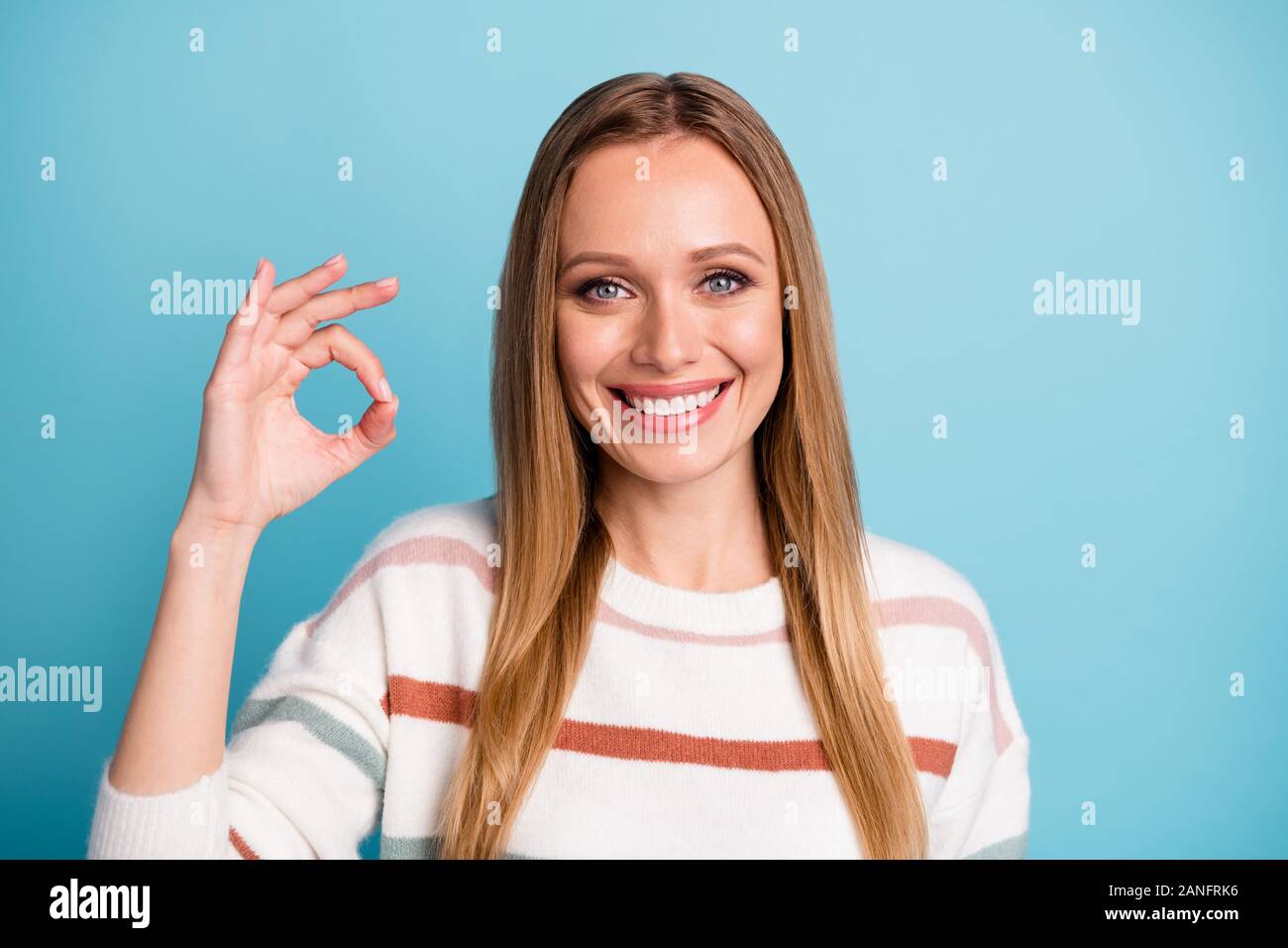 Photo of white cheerful positive pretty sweet woman smile toothy ...