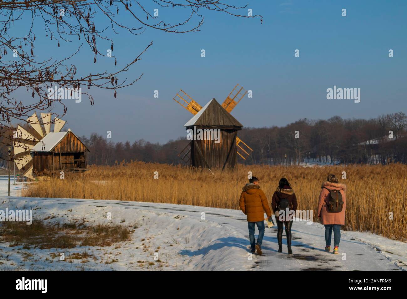 Traditional wooden windmill from Romania in winter landscape Stock ...