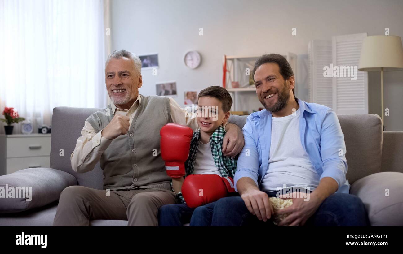 Smiling male family members watching boxing on tv, cheering for ...