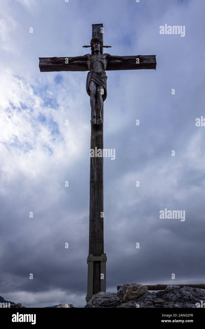 Summit Cross on Peak of Mount Kofel, 1342 m in Ammergauer Alps ...
