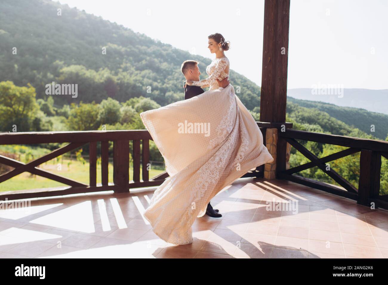 The first dance of the young. The bride and groom are dancing their ...