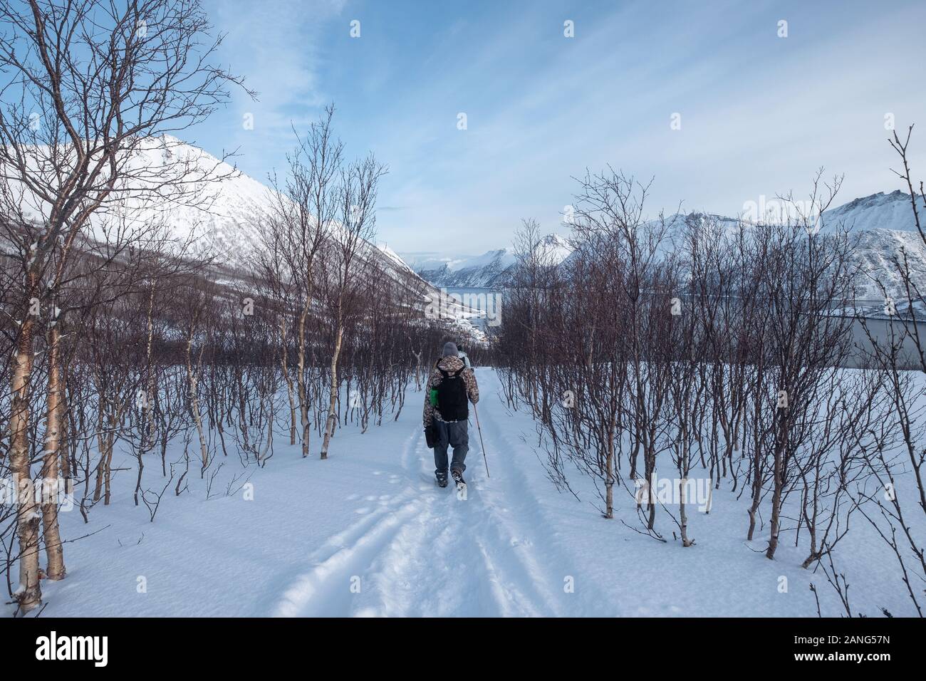 Group Traveler hiking on snow hill with blue sky in sunny at Senja ...
