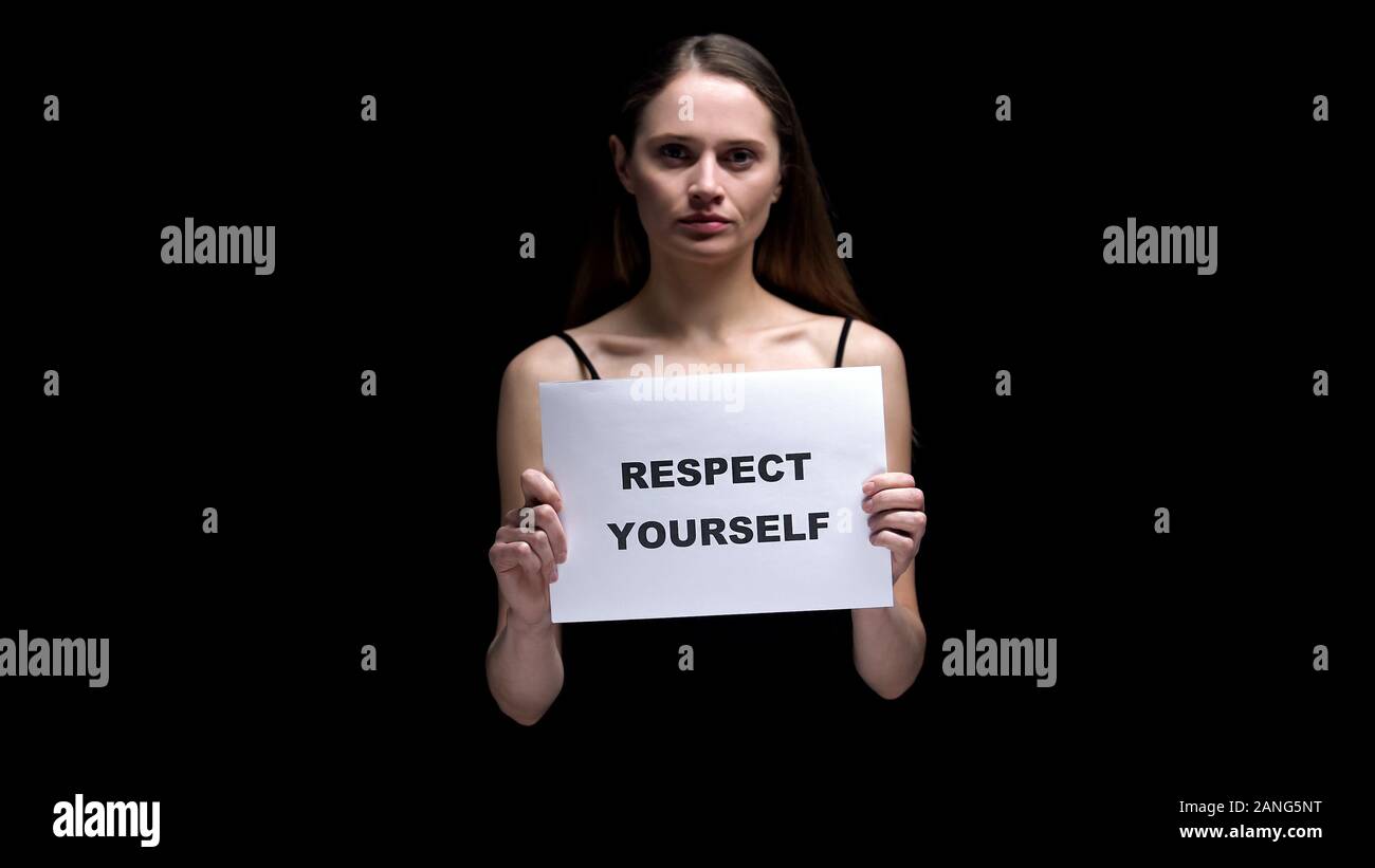 Woman showing respect yourself sign, positive attitude to personality ...