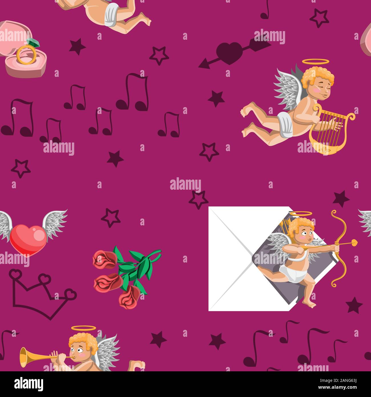 Seamless pattern angels notes ring envelope heart stars rose wings ...