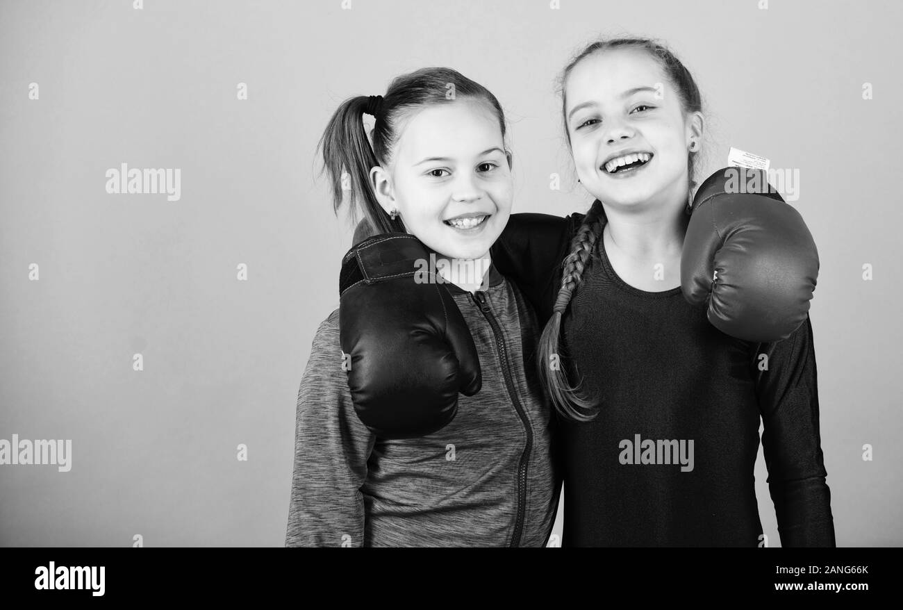 Girls in boxing sport. Boxer children in boxing gloves. Confident teens ...