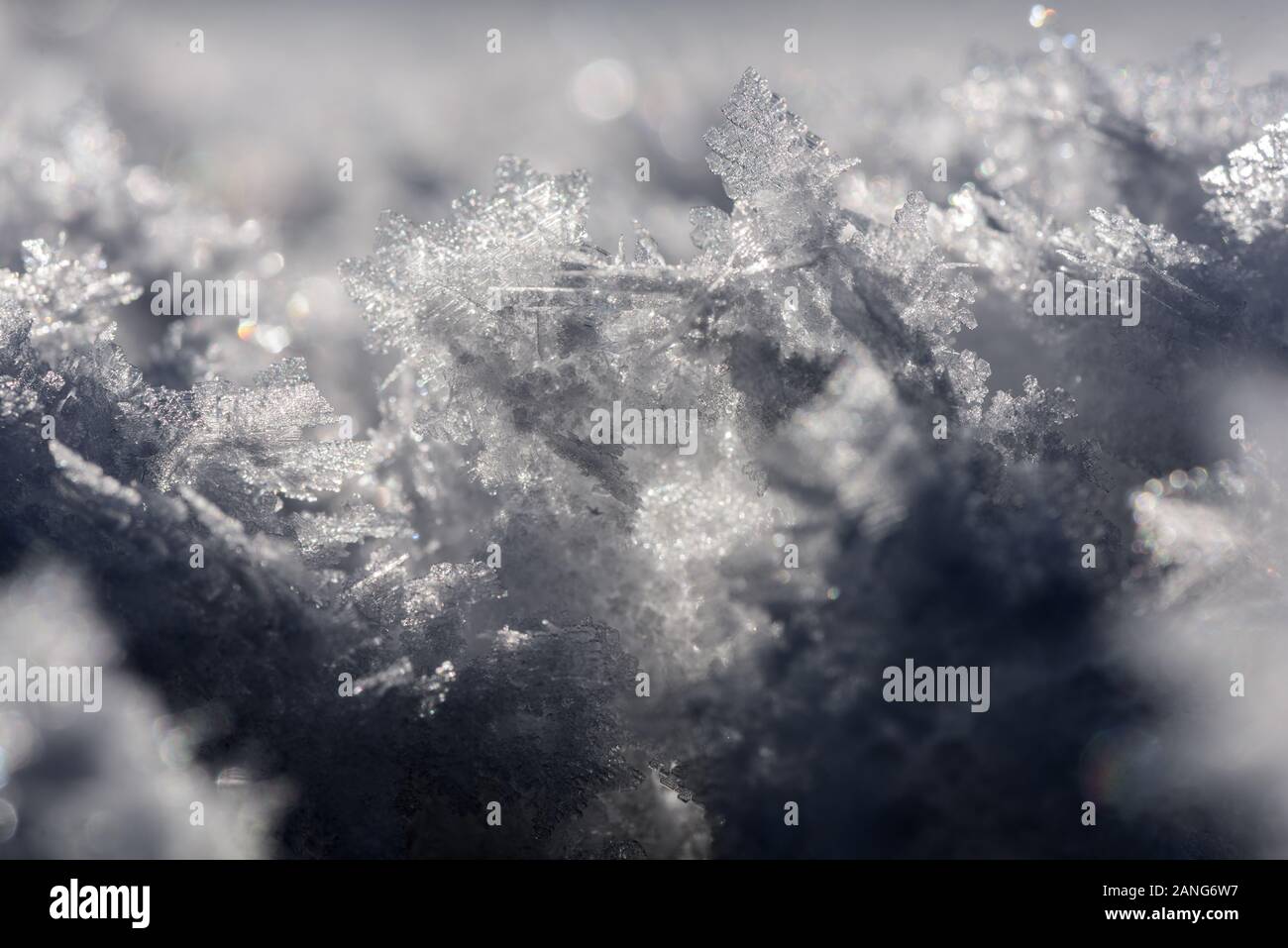 Real frozen ice crystals in blue, winter background. Closeup of ice ...