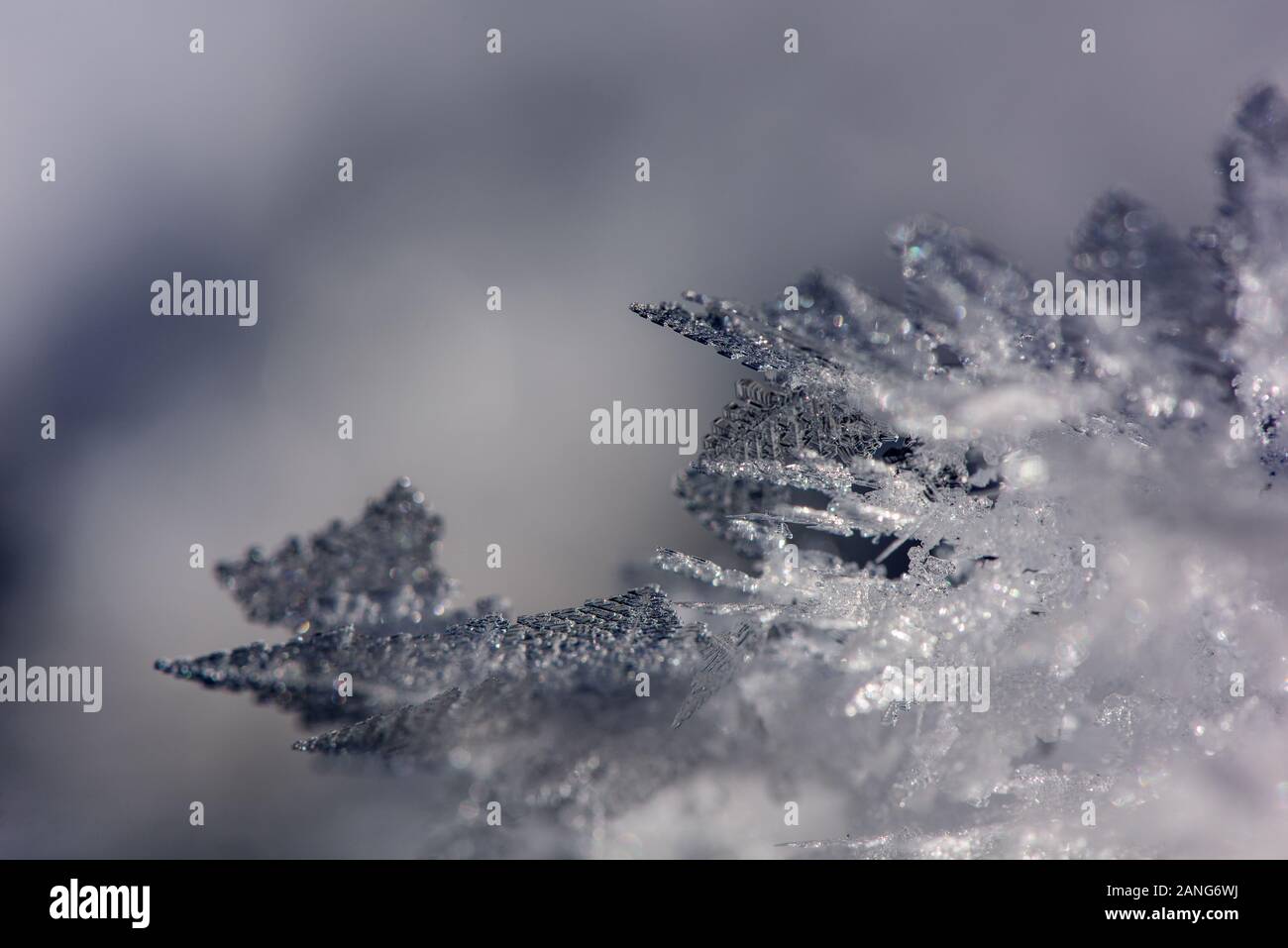 Real frozen ice crystals in blue, winter background. Closeup of ice ...
