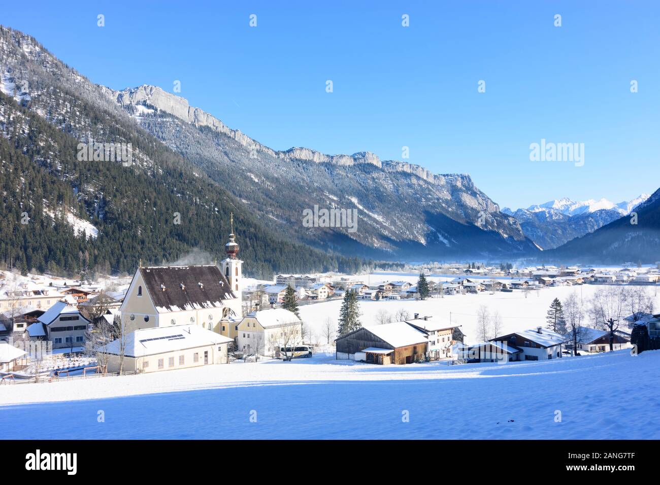 Waidring: church, village, mountain Steinplatte in Kitzbüheler Alpen ...