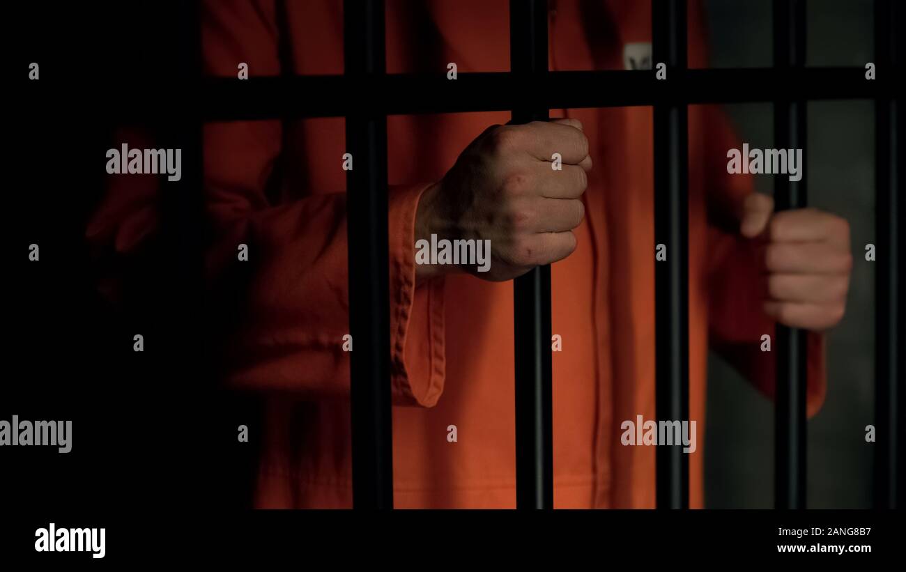 Aggressive male prisoner holding bars with injured hands, violence in ...