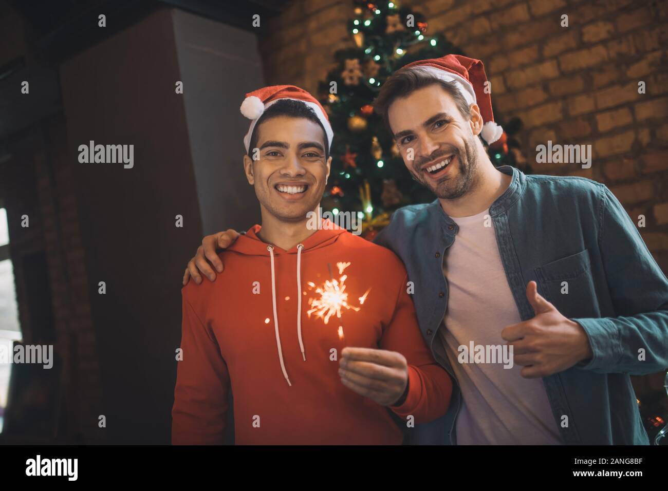Happy delighted friends celebrating New Year together Stock Photo - Alamy