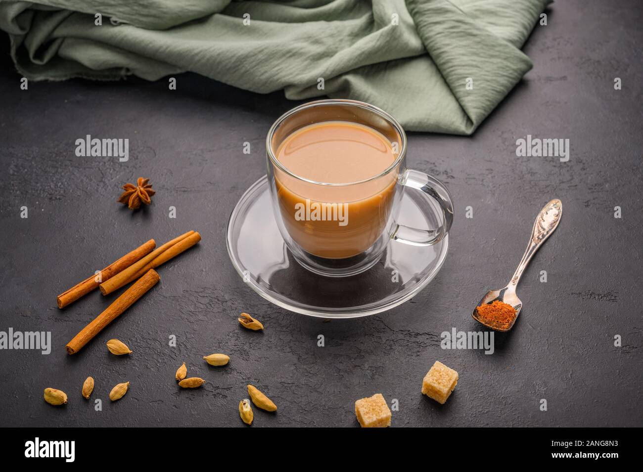 Traditional Indian masala tea chai. Cinnamon, anise, cardamom, sugar ...