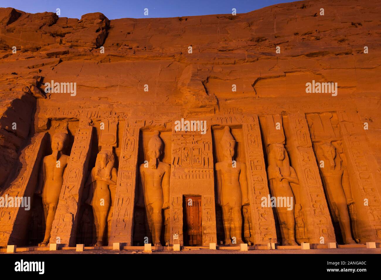 Sunset glow of Nefertari's temples, Temple of Nefertari, Abu Simbel ...