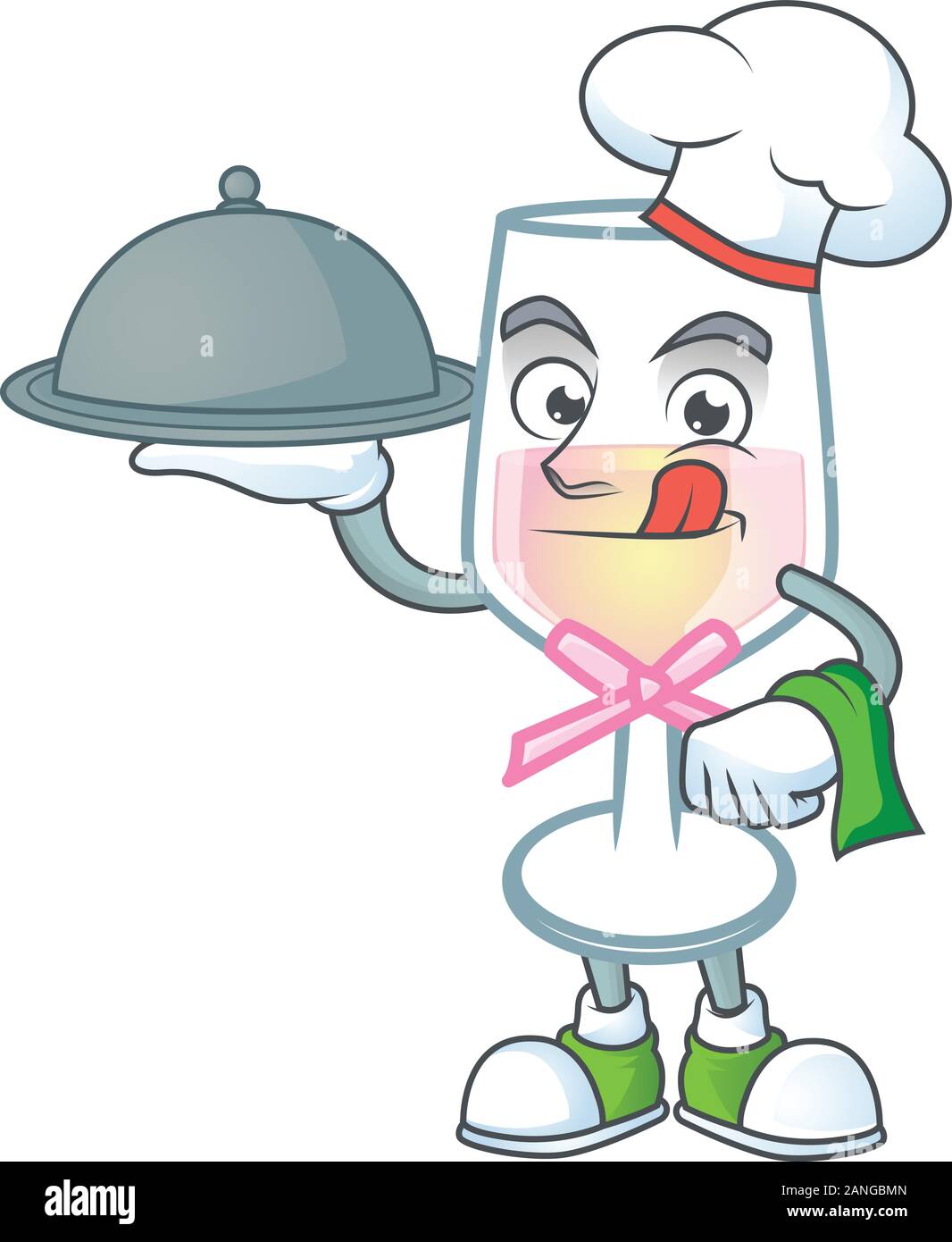 cartoon design of pink glass of wine as a Chef having food on tray ...